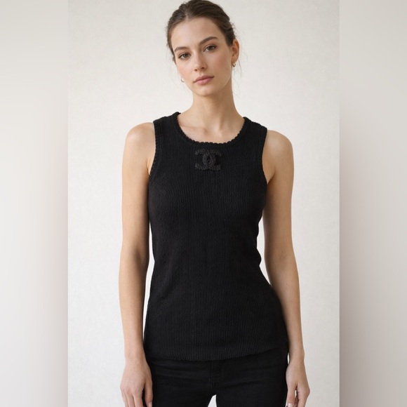 CHANEL | Tops | Chanel Black Ribbed Knit Cc Logo Tank Top | Poshmark